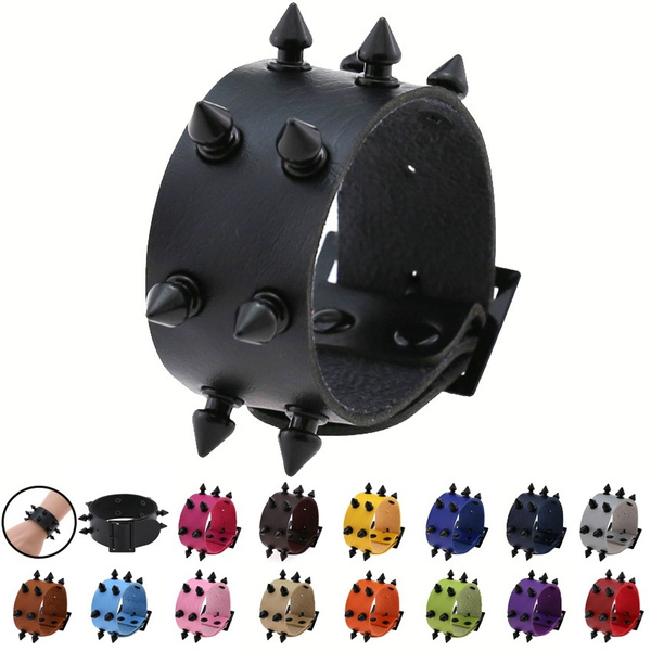 Punk Bracelet PU Leather Bracelet Two Row Spike Rivet Bracelets Cuff ...