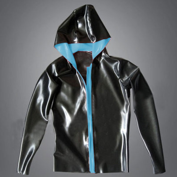 Black Jacket Casual Hooded Coat Fetish Latex Catsuit Rubber Jacket Long ...