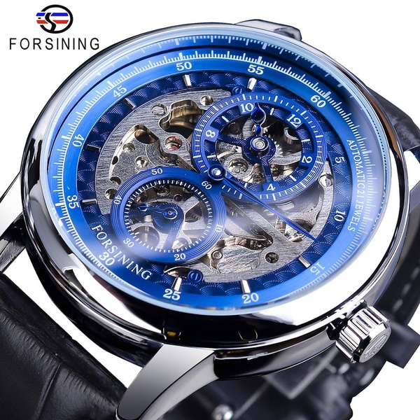 Man Blue Skeleton Dial Automatic Genuine Leather Mechanical Wristwatch ...
