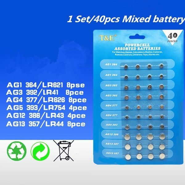 40pc/ Set Assorted Button T&E Cell Watch Batteries AG1/3/4/5/12/13 ...