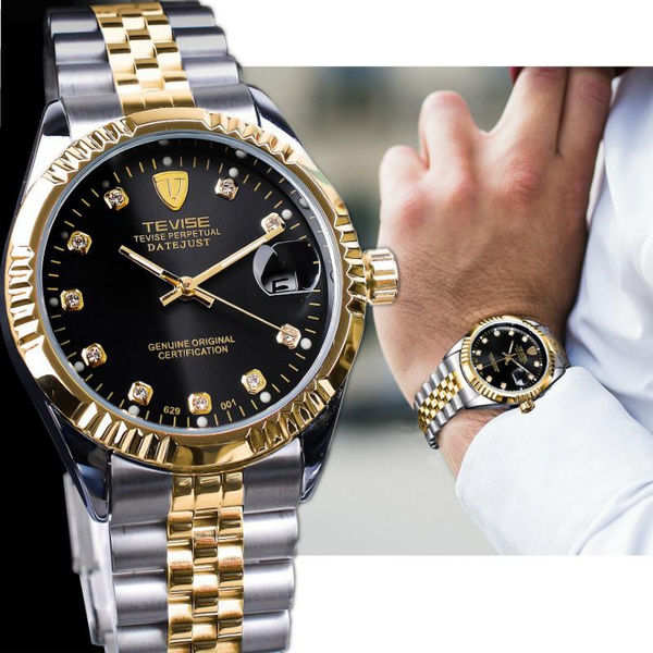 Diamond Dial Waterproof White Golden Watches Stainless Steel Luminous ...