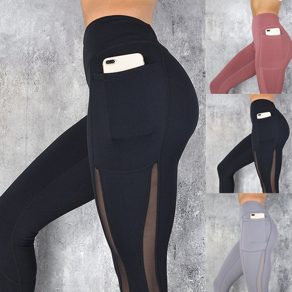 Fashion Womens Solid Color Stretchy Fitness Leggings With Pockets High Waist Mesh Sport Running