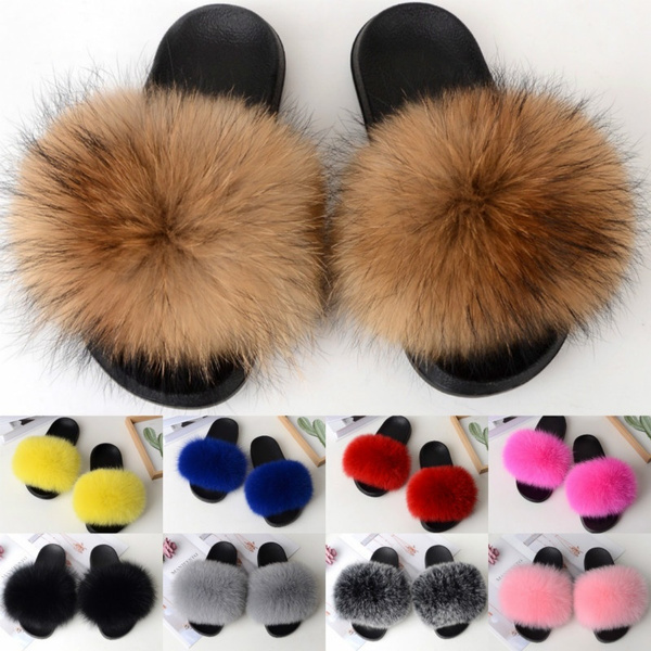 Summer Fur Slides Slippers Women Sandal Soft Fuzzy Faux Fox Fur Indoor ...