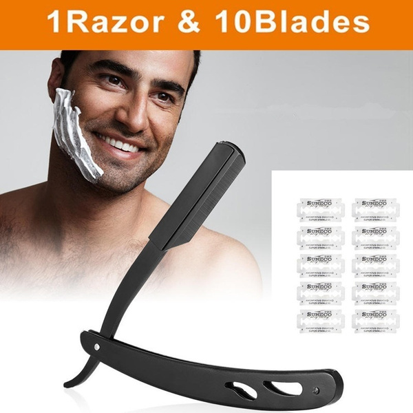 1pcs Razor +10pcs Razor Blade Folding Straight Razor Stainless Steel ...