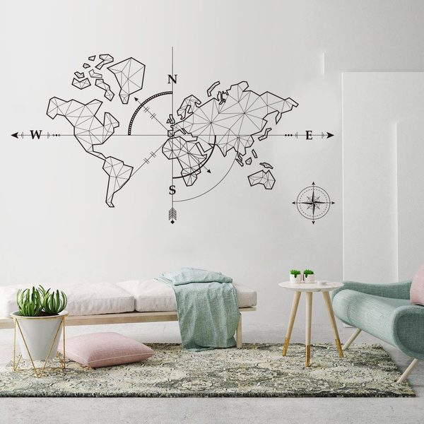 Large World Map Compass Earth Wall Sticker Office Classroom World Map ...