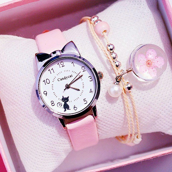 Fashion Pink Watch Leather Strap Watch For Women Girls Gift Dial Cat ...