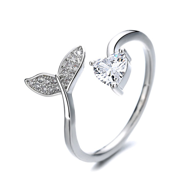 New Exquisite Zircon Fishtail Heart-shaped Open Ring Korean Women's ...