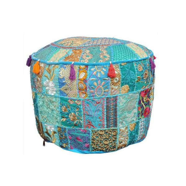 Indian Handmade Pouf Cover Ottoman Vintage Round Pouf Embroidered ...