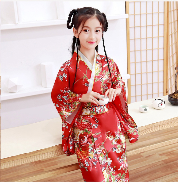 Children's Clothing Girl's Lovely Floral Print Silk Kimono Kids ...