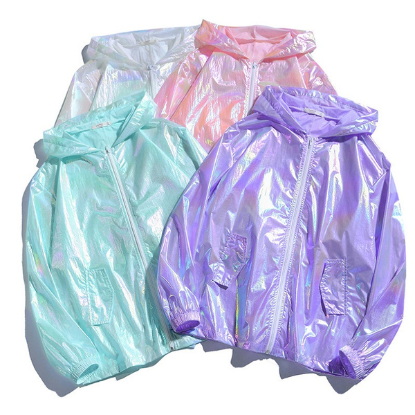 Women Men Laser Jacket Harajuku Shiny Holographic Loose Hooded Coat Sun ...