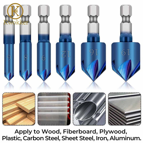 6pcs 1/4" Hex Shank 5 Flute Countersink Drill Bit Set 90° Counter 6 ...