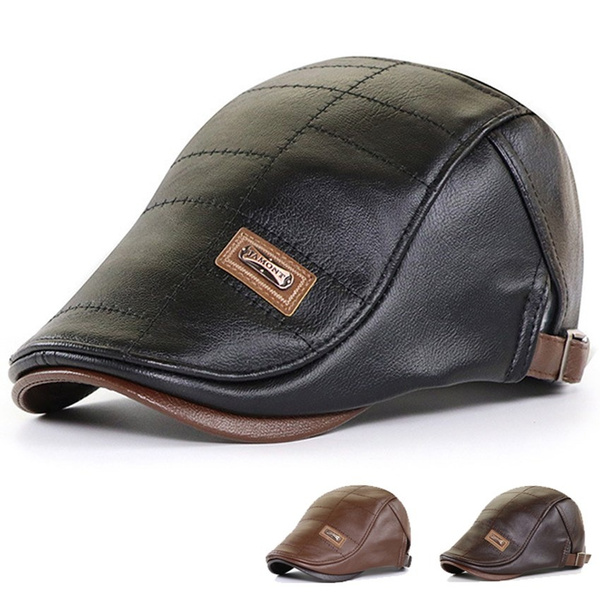 New Autumn Winter PU Leather Peaked Cap Men Flat Cap Warm Duckbill Cap ...