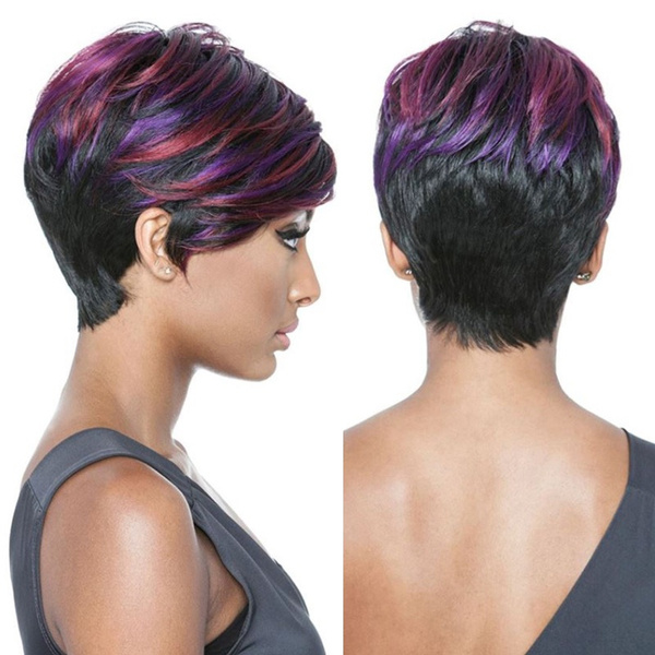 Fashion Colored Full Wigs for Women Pixie Cut Short Multicolor Overhead Ombre Black Color ...