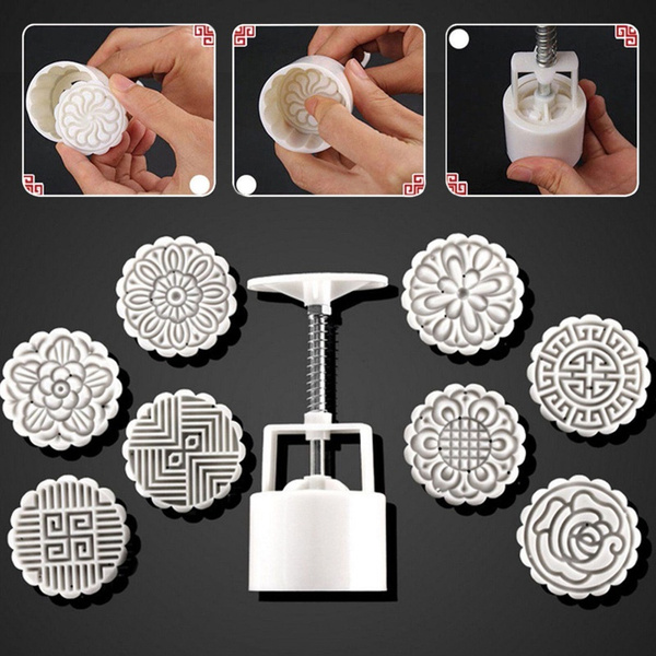 New Mooncake Mold W/8 Flower Stamps DIY Baking Round Pastry Moon Cake ...