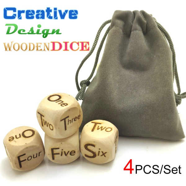 Set Of 4 Pack 20MM Creative Design English Pattern Wooden Dice Set ...