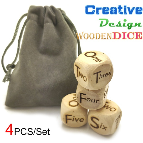 Set Of 4 Pack 20MM Creative Design English Pattern Wooden Dice Set ...