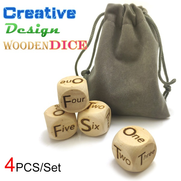 Set Of 4 Pack 20MM Creative Design English Pattern Wooden Dice Set ...
