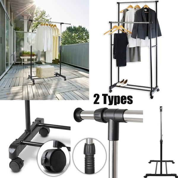 New Single/Double Clothes Rail Portable Hanging Garment Rack Wheels ...