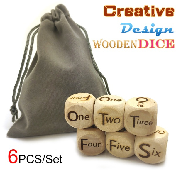 6 PCS/Set 20MM Wooden Dice Laser Engraving English Pattern Wood Game ...