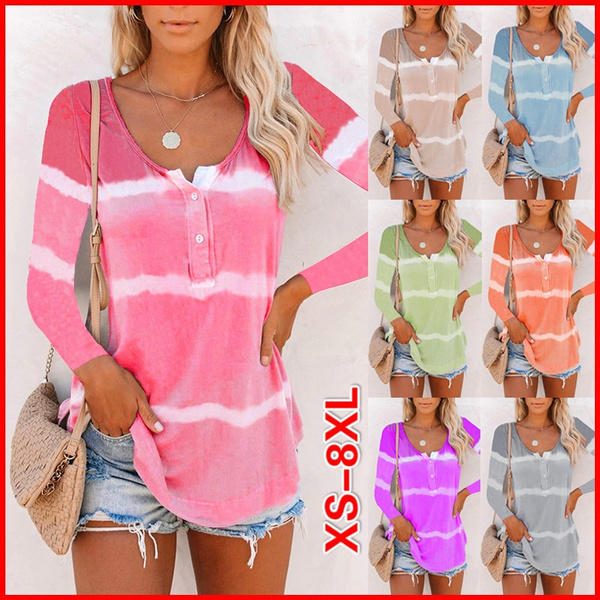 XS-8XL Womens Plus Size Clothes Casual Long Sleeve Blouse Tie Dye ...