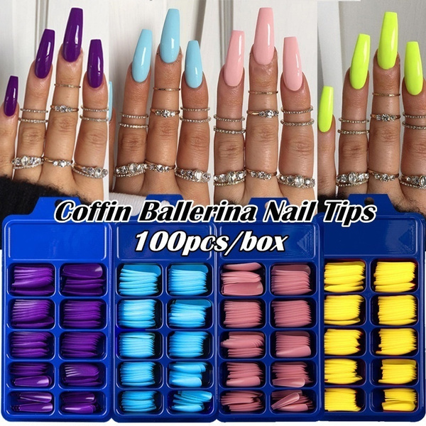 100 Pcs/box Coffin Ballerina Nail Tips Long Stiletto False Nails Tips ...
