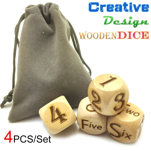 Laser Engraving 20MM Wooden Dice Set Of 4 Pieces English Arabic Number ...
