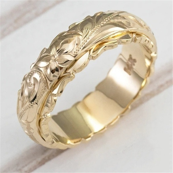 Exquisite Womens 14k Gold Plated Ring Hang Engraved Flower Ring ...
