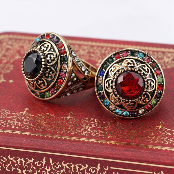 Blucome Royal Style Colorful Crystal Turkish Wide Ring Turkey Flower ...