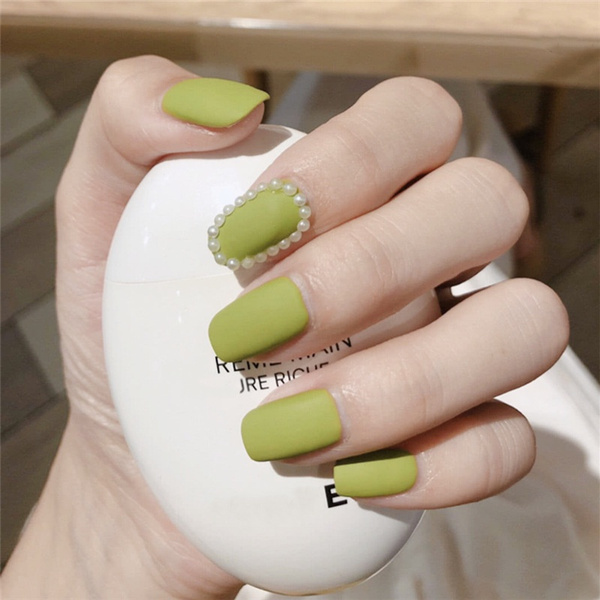 Simple Personality Avocado Pearl Fake Nail Pieces Wearing Nail Stickers ...