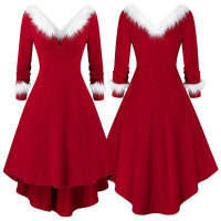 Women Christmas V-neck Long Sleeve Irregular Red Dress Xmas Velvet ...