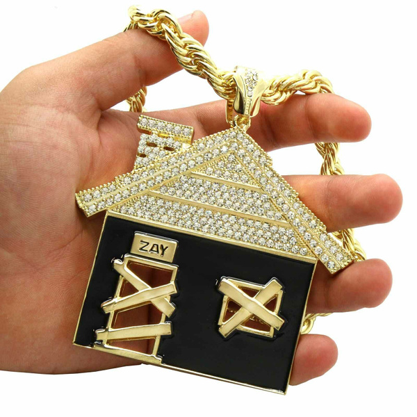 Mens 14k Gold Plated Huge Iced House Pendant / 10mm 24 inch Rope Chain ...