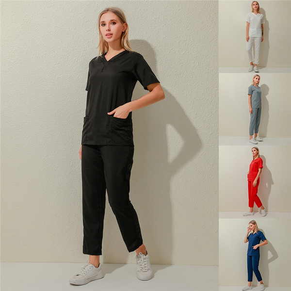 Women's Solid Color Pocket V-neck Nursing Work Uniform Protective ...