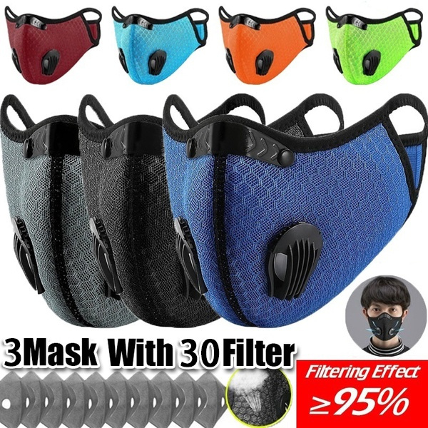 3Pcs Breathable Sport Face Mask with 30 Pcs Activated Carbon Filters ...
