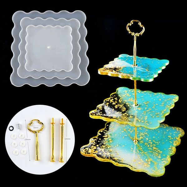 3X Square Plate Silicone Resin Epoxy Mould 3 Tier Cake Cupcake Stand ...