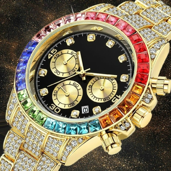 Luxury Men's Quartz Watch Three Dial Full Diamond Watch Color Diamond ...
