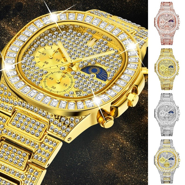 Luxury Full Diamond Gold Watches Fashion Desinger calendar Waterpoof ...