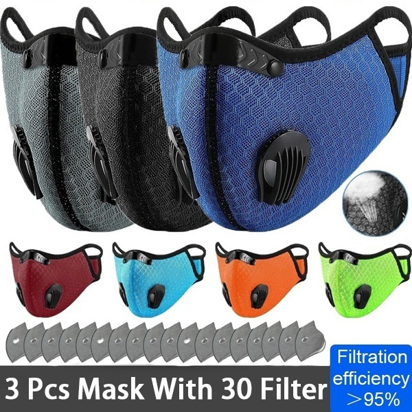 3Pcs Breathable Sport Face Mask with 30 Pcs Activated Carbon Filters ...