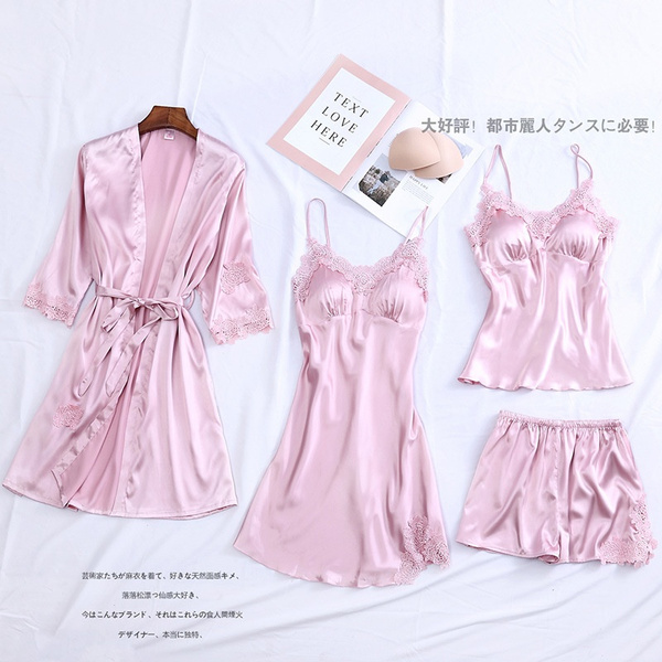 4PCS Pajamas Suit Intimate Lingerie Women Satin Sleepwear Kimono Robe ...