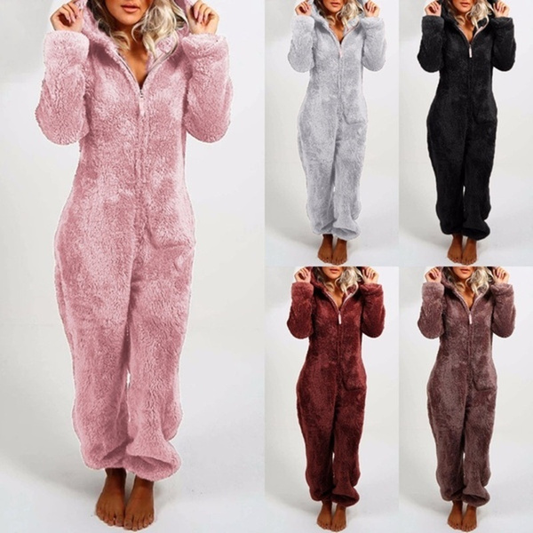 5 Colors Women's Fashion Long Sleeve Hooded Faux Fur Jumpsuit Pajamas ...