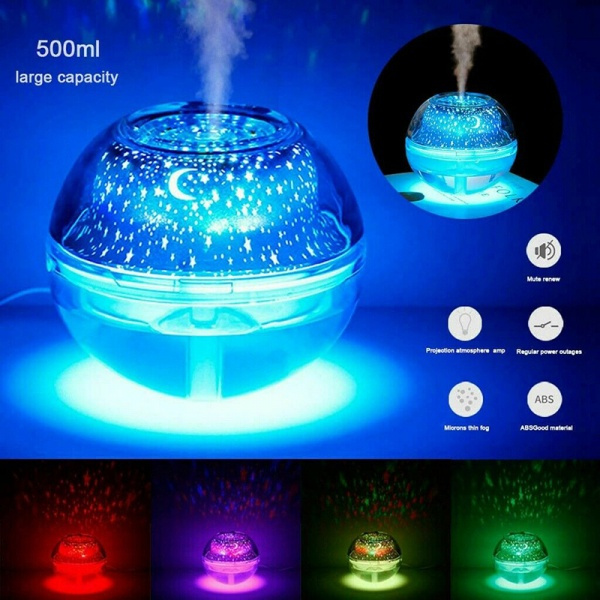 500ML Air Humidifier LED Projection Diffuser Ultrasonic Aroma Mist Oil ...