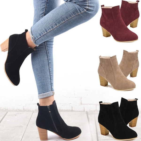 Autumn and Winter Boots Short Boots Suede Ankle Boots Thick Heel Boots ...