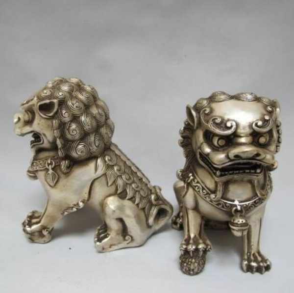 Rare Chinese Silver Carved Guardian Lion Foo Fu Dog Statue A Pair 12cm ...
