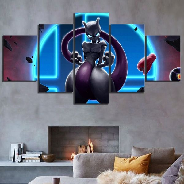 5 Panel Wall Murals Monster Demon Mewtwo Games Poster Home Decor Mewtu ...