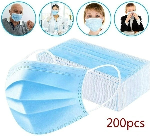 200Pcs Disposable Face Mask with Earloops 3 Ply Protective Blue ...