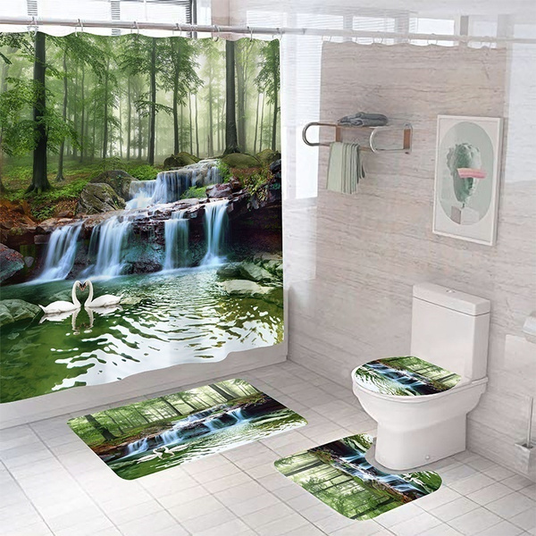 1/3/4 Pcs Bathroom Set Swans Waterfall Scenery Waterproof Shower ...