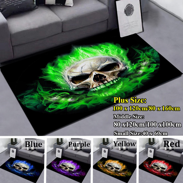 3D Skull Rectangular Floor Mat Gothic Green Flames Non-slip Bedroom ...