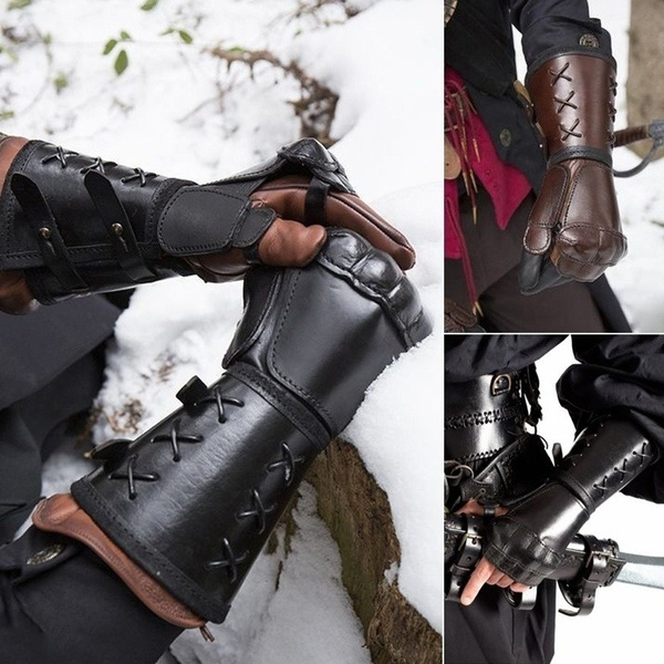 Men Vintage Medieval Leather Armor Knight Gauntlet Viking Bracer ...
