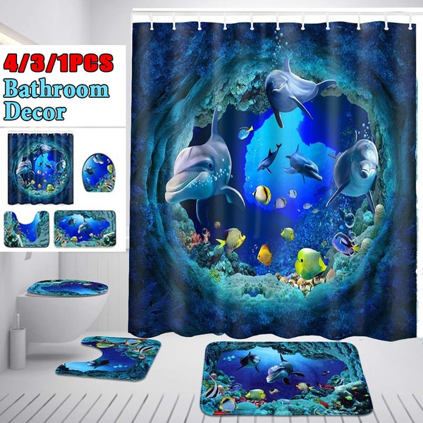 1/3/4 Pcs Bathroom Set Ocean Dolphin Deep Sea Shower Curtain Bathroom ...