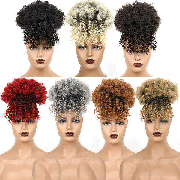 Clip in Fake Hair Extensions Afro Curly Bun Hairpiece with Bangs for ...