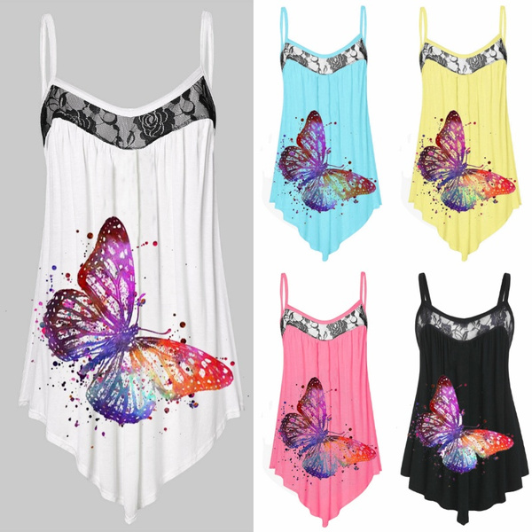 Women Summer Fashion sexy butterfly Print lace tops spaghetti strap ...